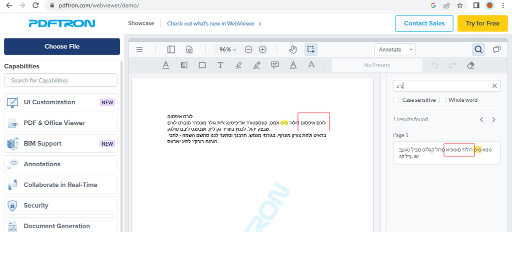 WebViewer, search text in RTL (hebrew) document - WebViewer - Apryse Community