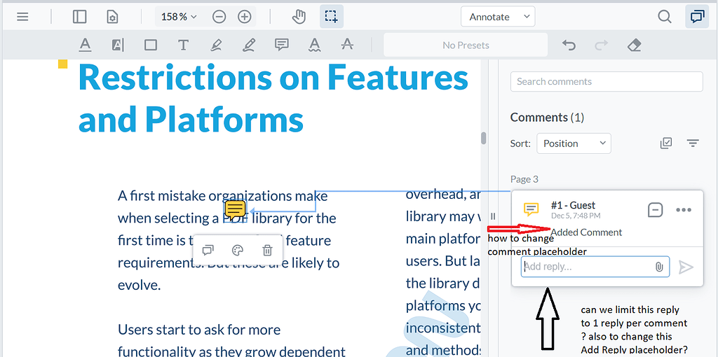 How to change Placeholder for comment/reply and limit the number of replies? - WebViewer ...